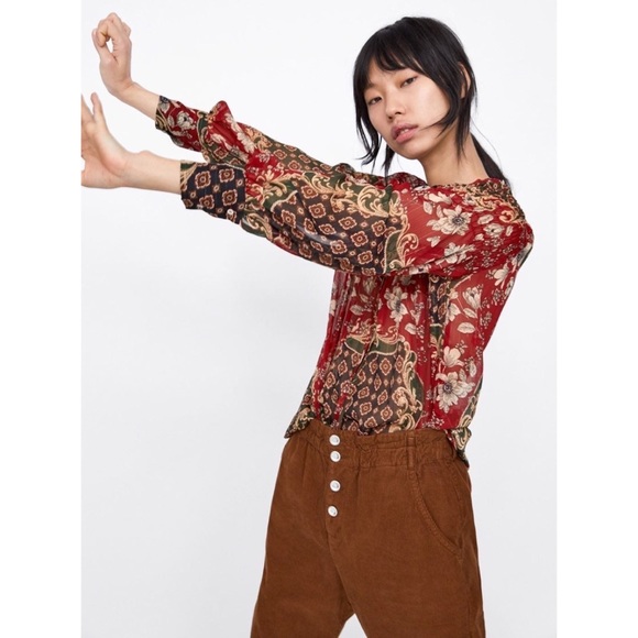 Zara | Tops | Nwt Zara Paisley Floral Sheer Patchwork Blouse Tunic Top ...